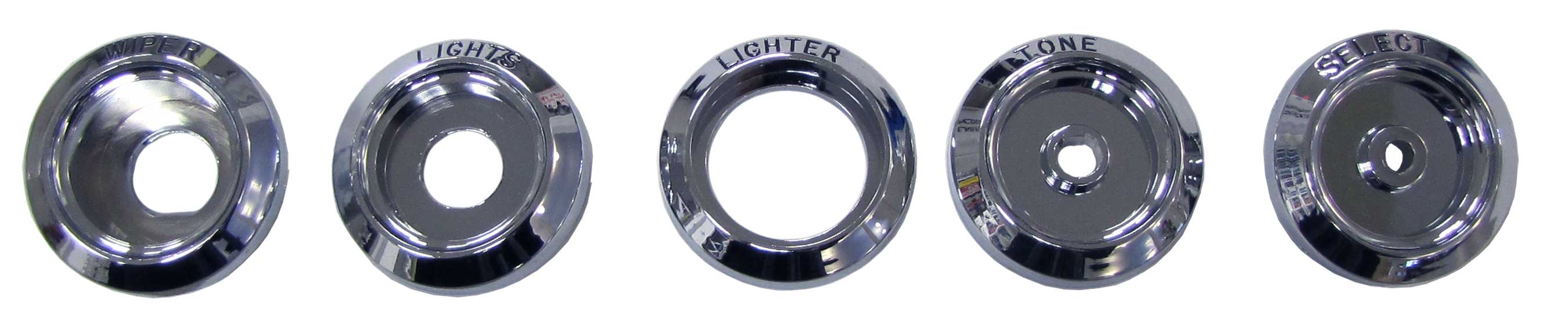 1967-1970 CHROME DASH KNOB BEZELS SET, (FULL SIZE) WITH BLACK LETTERS ...