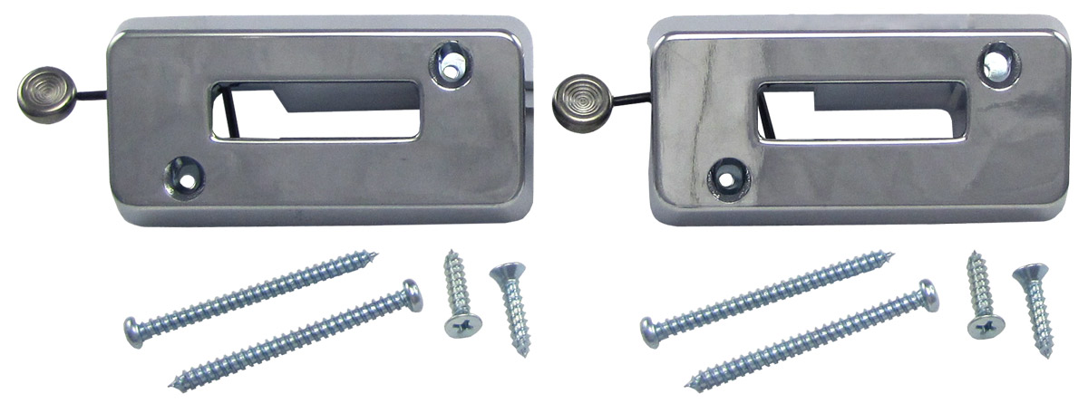69 CHROME HEADREST ESCUTCHEON AND LOCK BRACKET ASSY, PAIR