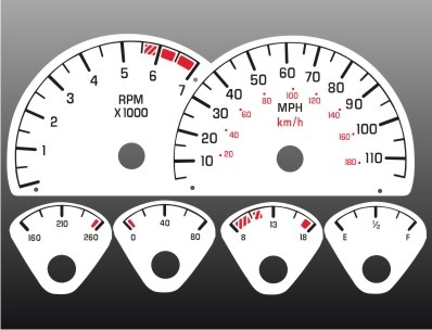 93-96 WHITE FACED GAUGE OVERLAY, WITH 110 MPH SPEEDO (AP)