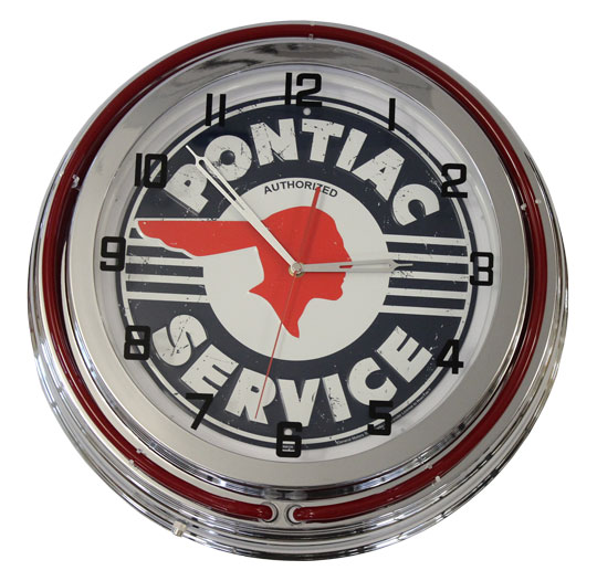 DISTRESSED PONTIAC SERVICE DOUBLE NEON CLOCK, RED