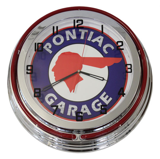 PONTIAC GARAGE DOUBLE NEON CLOCK, RED